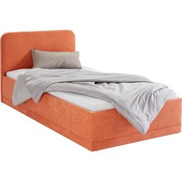 Polsterbett, orange (terrafarben), B:110cm L:210cm, Bezug Bett: wahlweise Microfaser (100% Polyester), Strukturstoff (77% Polyester, 23% Viskose) oder Kunstleder;Bonnell-Federkernmatratze: Mischgewebe (51% Polyprophlen, 39% Polyester, 10% Baumwolle);Kaltschaummatratze: Frottee (100% Polyester), Bezug abnehm- und waschbar bis 60C, Westfalia Schlafkomfort, Betten, inkl. Bettkasten bei Ausführung mit