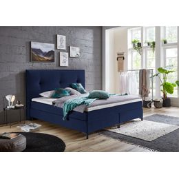 Boxspringbett "Romy", blau (navyblau), B:174cm L:214cm, Bezug Bettbox und Obermatratze: Strukturstoff (90% Polyester, 10% Nylon);Topper: Jersey (100% Polyester), ATLANTIC HOME COLLECTION, Komplettbetten, Boxspringbett