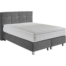 Boxspringbett, grau, B:155cm L:210cm, Bezug: Microvelours 100% Polyester;Polsterung: 100% Polyester, Westfalia Schlafkomfort, Komplettbetten, Boxspringbett, mit Kn&ouml;pfen in Kristalloptik, wahlweise mit Topper