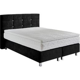 Boxspringbett, schwarz, B:155cm L:210cm, Bezug: Microvelours 100% Polyester;Polsterung: 100% Polyester, Westfalia Schlafkomfort, Komplettbetten, Boxspringbett, mit Kn&ouml;pfen in Kristalloptik, wahlweise mit Topper