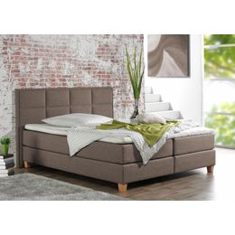 Boxspringbett Home Affaire "Casey", braun (hellbraun), B:211cm L:209cm, Struktur fein (100% Polyester), Komplettbetten, Boxspringbett, in 5 Breiten, 3 Ausf&uuml;hrungen, 2 H&auml;rtegraden, Steppung, Topper
