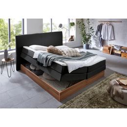 Boxspringbett Home Affaire "Blomen", grau (anthrazit), B:162cm L:224cm, Komplettbetten, Boxspringbett, mit Walnuss-Dekor, mit Bettkasten, verschiedene Härtegrade, mit Topper
