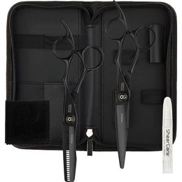 Olivia Garden Friseurscheren PowerCut 2-Scheren Set 6,5" mattes Schwarz 1x Haarschneideschere 6,25" RH + 1x Modellierschere 6,0" RH europäische Ausführung mit 28 Zähnen + Scherenöl + 1x Mikrofasertuch + Reißverschlusstasche