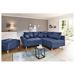 Ecksofa Home Affaire "Rice L-Form" Sofas Gr. B/H/T: 223cm x 47cm x 184cm, Microfaser PRIMABELLE, Ottomane beidseitig montierbar, blau (blau-marin) mit Bonnellfederkern, Hocker & Kissen, Ottomane beidseitig montierbar