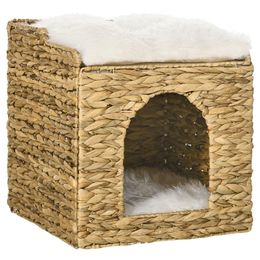 PawHut Rattan Katzenhaus mit Kissen braun 37,5L x 37,5B x 41,5H cm