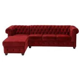 Chesterfield-Sofa Home Affaire "New Castle L-Form" Sofas Gr. B/H/T: 255cm x 72cm x 171cm, Samtoptik, Ottomane links, rot (bordeaux) hochwertige Knopfheftung in Chesterfield-Design, BTH: 255(17172)