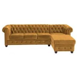 Chesterfield-Sofa Home Affaire "New Castle L-Form" Sofas Gr. B/H/T: 255cm x 72cm x 171cm, Samtoptik, Ottomane rechts, gelb (mustard) hochwertige Knopfheftung in Chesterfield-Design, BTH: 255(17172)