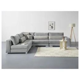 Ecksofa Home Affaire "Vasco L-Form" Sofas Gr. B/H/T: 355 cm x 88 cm x 240 cm, Cord, Recamiere beidseitig montierbar, grau (hellgrau) inkl. 10-teiligen Kissen-Set Bestseller