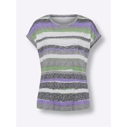 WITT Damen T-Shirt aus Baumwolle, gestreift, anthrazit-lavendel-geringelt, Gr&ouml;&szlig;e 52