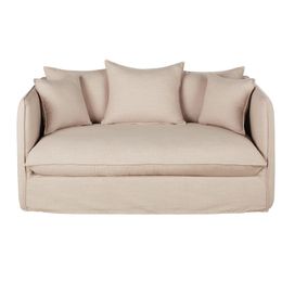 Maisons du Monde Ausziehbares 2-Sitzer-Sofa mit beigefarbenem Bezug mit Leineneffekt, Matratze 10cm 163x84x98cm