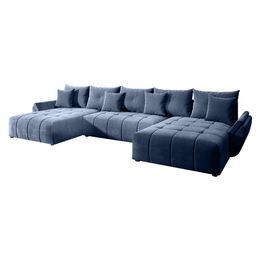 Furnix Schlafsofa U-Form mit Bettkasten und Kissen, blau 190x91x382cm