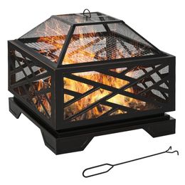 Outsunny Feuerschale mit Funkenschutz aus Eisen, schwarz 66x66x66cm