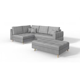 S-Style Möbel Skandinavisches Ecksofa mit Hocker aus Mikrofaser-Stoff, Grau 161x81x231cm