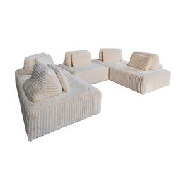 KAWOLA Modulares 5-Sitzer Sofa mit Kissen aus Breitcord, cremeweiß 222x84x333cm