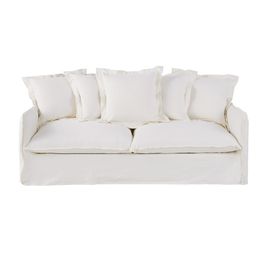 Maisons du Monde Ausziehbares 3/4-Sitzer-Sofa mit Bezug aus weißem Leineneffekt, Matratze 6cm 207x86x90cm