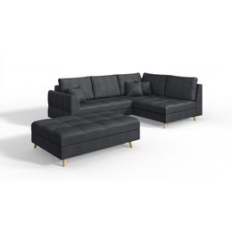 S-Style Möbel Skandinavisches Ecksofa mit Hocker aus Mikrofaser-Stoff, Anthrazit 161x81x231cm