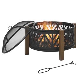 Outsunny Feuerschale mit Grillrost aus Stahl, schwarz, braun 78x60x78cm