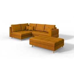 S-Style Möbel Skandinavisches Ecksofa mit Hocker aus Mikrofaser-Stoff, Gelb 161x81x231cm