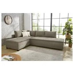 Jockenhöfer Ecksofa JOCKENHÖFER GRUPPE "Madrid L-Form, drehbares Dauerschlafsofa, Federkern" Sofas Gr. B/T: 306cm x 106cm, Cord, Ottomane beidseitig montierbar, grau (taupe) integrierter Kaltschaum-Topper, Regalelement, linksrechts montierbar