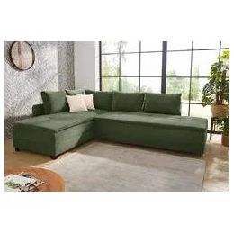 Jockenhöfer Ecksofa JOCKENHÖFER GRUPPE "Madrid L-Form, drehbares Dauerschlafsofa, Federkern" Sofas Gr. B/T: 306cm x 106cm, Cord, Ottomane beidseitig montierbar, grün integrierter Kaltschaum-Topper, Regalelement, linksrechts montierbar