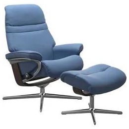 Relaxsessel stressless "Sunrise" Sessel Gr. Material Bezug, Material Gestell, Ausführung / Funktion, Maße B/H/T, blau (lazuli blau) mit Hocker, Cross Base, Größe S, M & L, Holzakzent Wenge