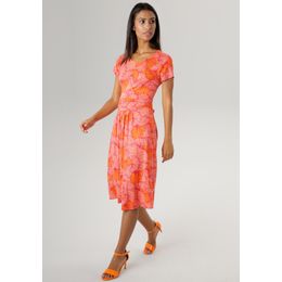 Sommerkleid Aniston SELECTED Gr. 48, N-Gr, bunt (lachsfarben, lila, orange) Damen Kleider Knielange mit gerafftem Taillenbund