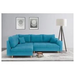 Ecksofa Home Affaire "CHARRE incl. 3 Zierkissen" Sofas Gr. B/H/T: 231cm x 81cm x 161cm, Struktur weich, Ottomane links, blau (türkis) L-Form, feine Steppung, lose Rückenkissen, auch in Cord und Bouclé