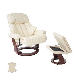 MCA Relaxsessel Windsor XXL, TV-Sessel Hocker, Echtleder 180kg belastbar ~ creme, Walnuss-Optik