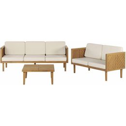 Beliani Lounge Set Hellbraun Akazienholz 3-teilig für 5 Personen mit Auflagen Beige Stoff Couchtisch 2er und 3er Sofa Outdoor Terrasse Garten