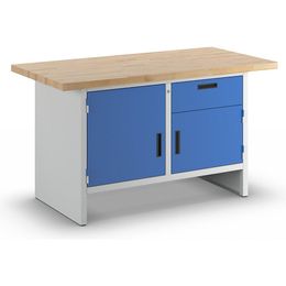 eurokraft basic Werkbank mit geschlossenen Seiten, 1 Schublade, 2 Türen, Breite 1500 mm, lichtgrau / enzianblau