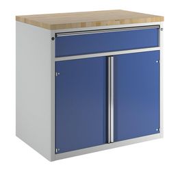 ANKE Schrank für Material- und Werkzeugausgabetheke, 1 Schublade, 2 Türen, 1 Fachboden, grau / blau