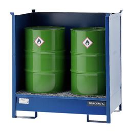 eurokraft pro Fass-Auffangwanne für Transport und Lagerung, Rücken- und Seitenwände geschlossen, stapelbar, für 2 Fässer, blau
