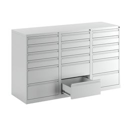eurokraft basic Schubladenschrank, Stahl, HxBxT 900 x 1500 x 500 mm, 18 Schubladen, Schubladen lichtgrau