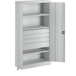 Pavoy Schwerlastschrank, Höhe 1950 mm, 3 Fachböden, 4 Schubladen, grau