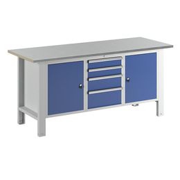 eurokraft basic Werkbank, Baukastensystem, Plattenbreite 1850 mm, 4 Schubladen, 2 Türen, Stahlblechbelagplatte