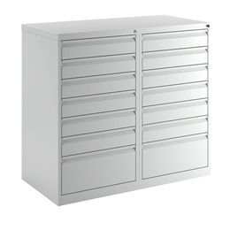eurokraft basic Schubladenschrank, Stahl, HxBxT 900 x 1000 x 500 mm, 14 Schubladen, Schubladen lichtgrau