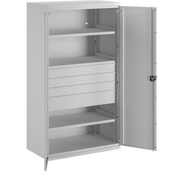 eurokraft pro Schwerlastschrank aus Stahl, 3 Fachböden, Schubladen 3 x 120 mm, 1 x 180 mm hoch, lichtgrau/lichtgrau