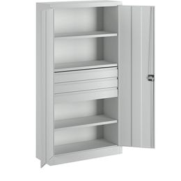 Pavoy Schwerlastschrank, Höhe 1950 mm, 3 Fachböden, 3 Schubladen à 125 mm, grau