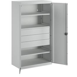 eurokraft pro Schwerlastschrank aus Stahl, 3 Fachböden, 3 Schubladen 180 mm hoch, lichtgrau/lichtgrau