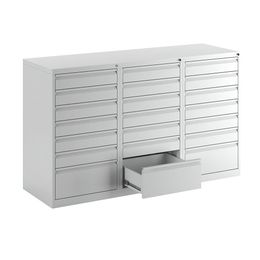 eurokraft basic Schubladenschrank, Stahl, HxBxT 900 x 1500 x 500 mm, 21 Schubladen, Schubladen lichtgrau