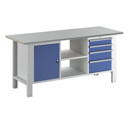 eurokraft basic Werkbank, Baukastensystem, Plattenbreite 1850 mm, 4 Schubladen, 1 Tür, Stahlblechbelagplatte