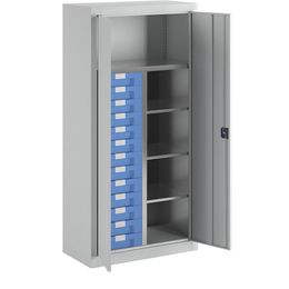 eurokraft pro Material- und Schubladenschrank, 4 Fachböden, 13 Schubladen, lichtgrau RAL 7035