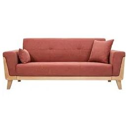 Miliboo Skandinavisches Sofa aus terracottafarbenem Stoff mit Samteffekt und hellem Holz 3-Sitzer FJORD