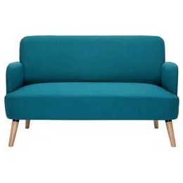 Miliboo Skandinavisches 2-Sitzer-Sofa aus entenblauem Stoff und hellem Holz ISKO