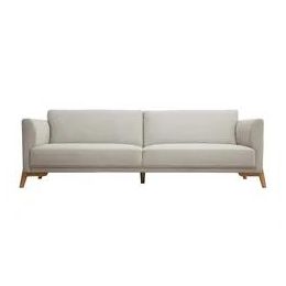 Miliboo Skandinavisches Sofa aus beigem Stoff mit Samteffekt und hellem Holz 4-Sitzer SINDRO