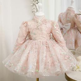Little Qi Kinderkleid: Prinzessinnenkleid, Langärmliges Mädchenkleid, Bauschiger Blumenjungenrock