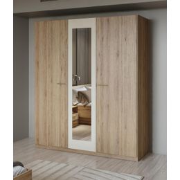 Drehtürenschrank Home Affaire "Bitry, Wäscheschrank incl. kompletter Innenausstattung" Schränke Gr. B/H/T: 179,5cm x 214,5cm x 59cm, 3 St., Komplettausführung, beige (wildeiche/wildeiche-beige) Kleiderschrank, verstellbare Einlegeböden 22 mm stark, Spiegeltür