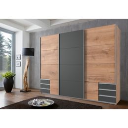 Schwebetürenschrank wimex "Emden" Schränke Gr. B/H/T: 270 cm x 210 cm x 64 cm, 3 St., grau (plankeneichefarben, graphitfarben) Mit Außenschubkästen