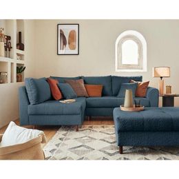 Rune – ecksofa links – 4-sitzer – mit hocker – aus bouclé-stoff - nachtblau