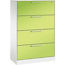 Karteikartenschrank, 2-bahnig für A4 quer, 4 Schübe mit Vollauszug & Bügelgriffen, Zentralverschluss, B 800 x T 435 x H 1298 mm, weiß/viridingrün